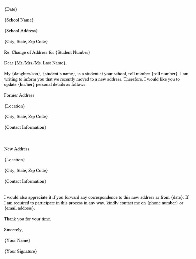 Sample Change Of Address Letter To School with Template sample-change-of-address-letter-to-school-with-template