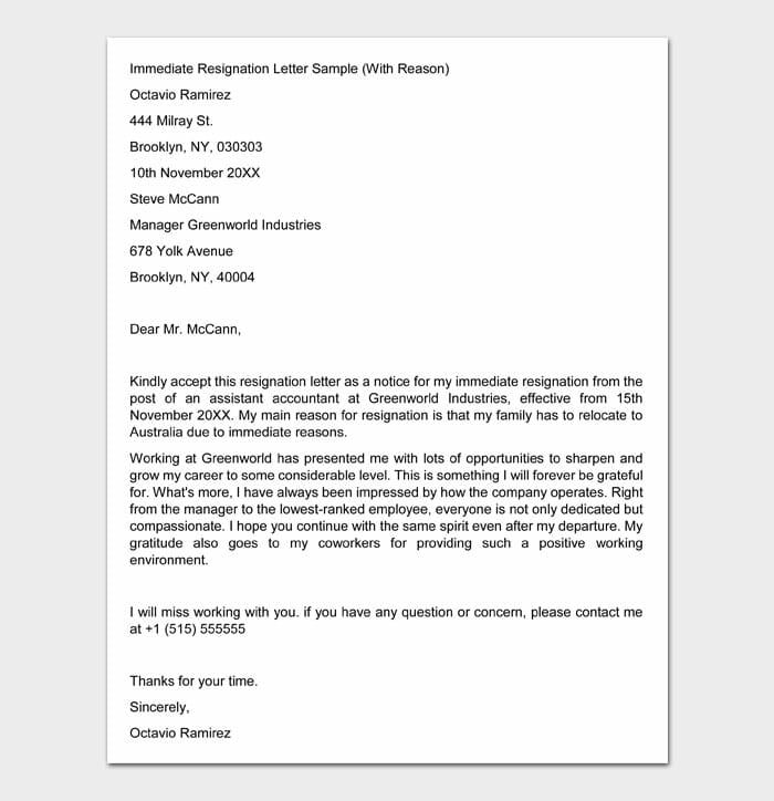 Immediate Letter of Resignation - Templates & Samples - (Word | PDF)