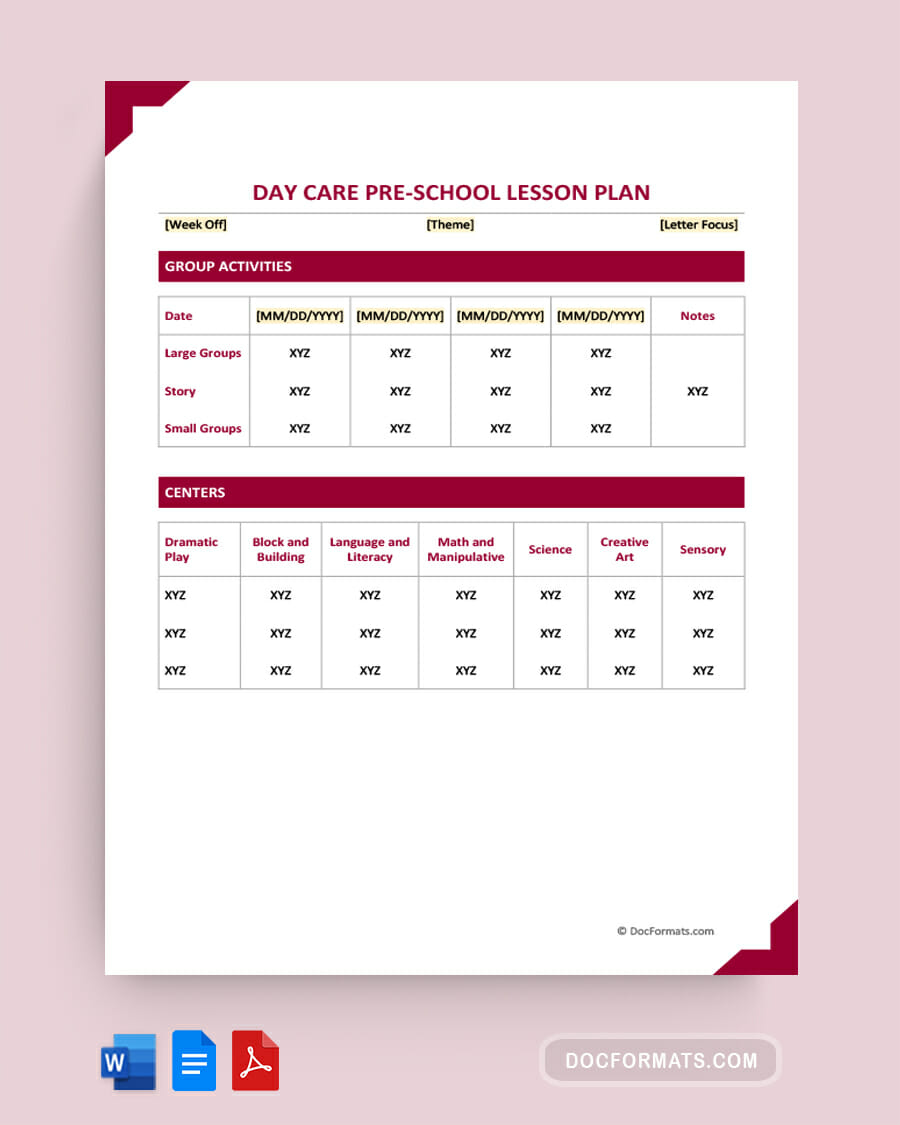 Preschool Lesson Plan Template - Daily, Weekly, Monthly (For Word, PDF)