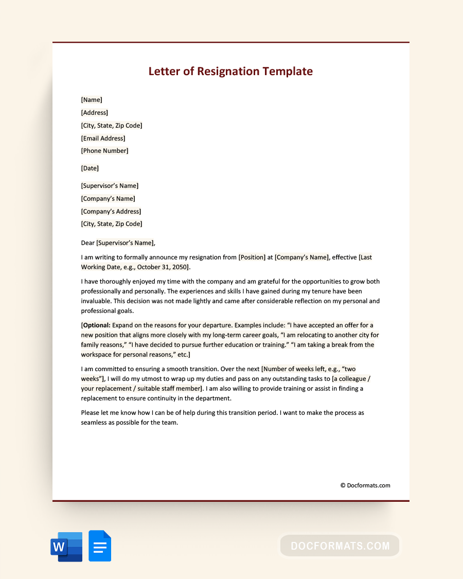 Letter Of Resignation Word Template