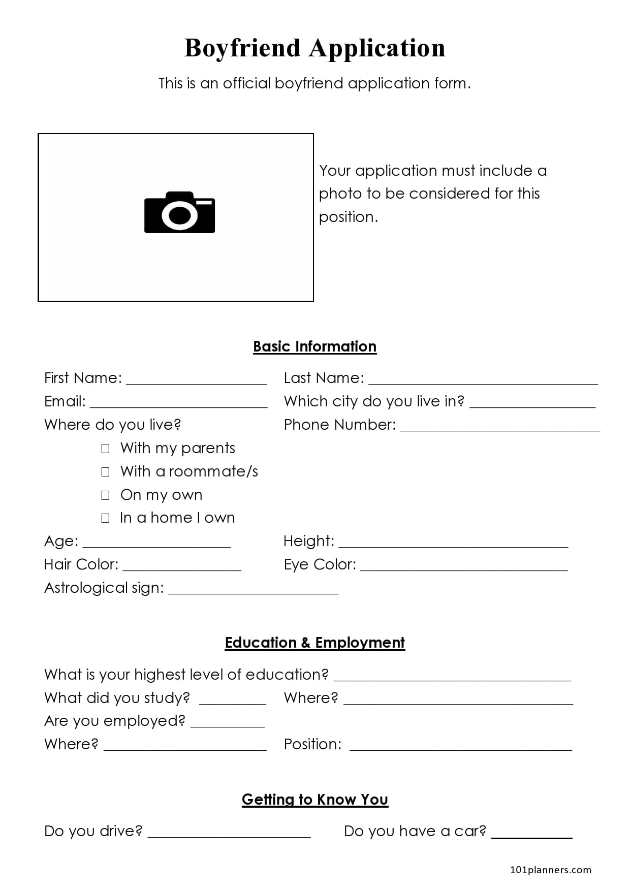 Boyfriend Application Forms - Docformats.com