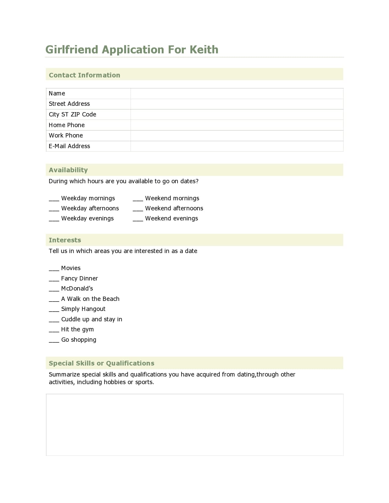 Official Girlfriend Application Form (Free Download) - DocFormats
