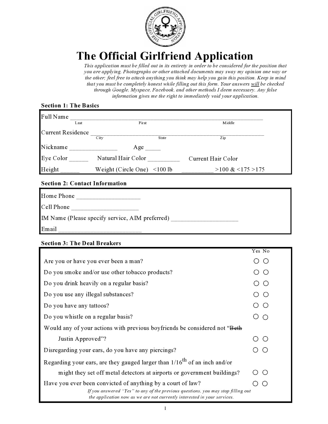 Official Girlfriend Application Form (Free Download) - DocFormats